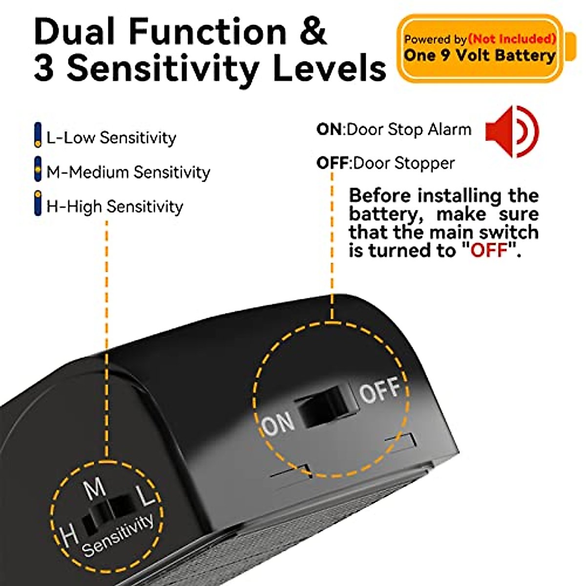 AceMining Door Stop Alarm with 120dB Siren, Floor Mount Type, Rubber Security Door Wedge for Home, Travel, Pack of 2, Black
