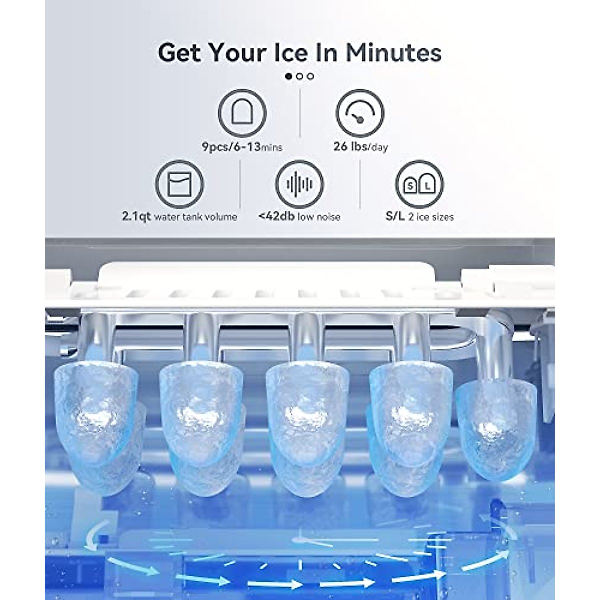 ecozy Portable Ice Maker Countertop, 9 Cubes Ready in 6 Mins, 26 lbs in 24 Hours, Self-Cleaning Ice Maker Machine with Ice Bags/Ice Scoop/Ice Basket for Home Kitchen Office Bar Party, Silver