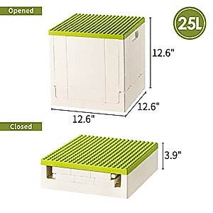 SHIMOYAMA Folding Duplo Storage Box, 2 Pack, 25L Storage Bin with Building Lid, 26 Qt. Collapsible Organizer for Duplo Blocks, Green and Blue