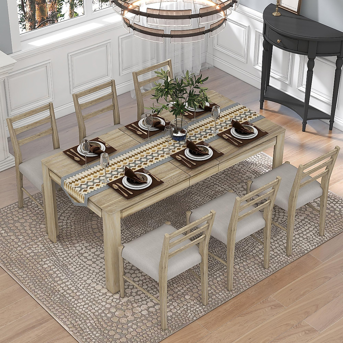LUMISOL 7 Piece Kitchen Dining Set with Extendable Table with Storage Drawers and Upholstered Chairs Farmhouse Rustic Dining Room Table Set