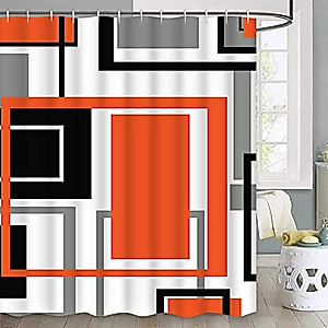Likiyol 4 Pcs Burnt Orange Shower Curtain Sets with Non-Slip Rugs, Toilet Lid Cover and Bath Mat, Modern Abstract Geometric Shower Curtain with 12 Hooks, Black Grey Bathroom Set
