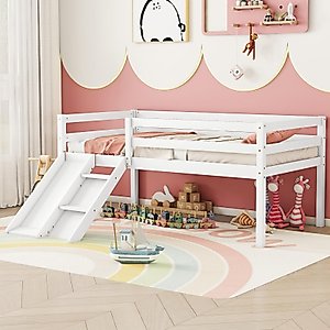 Toforo Twin Low Loft Bed for Kids with Slide and Ladder, Wood Loft Bed Frame with Safety Guardrail for Children, Teens, Boys or Girls, White