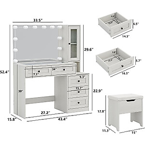 Diwnnue Farmhouse Mirror Large Vanity Desk with LED Bulbs, Makeup Vanity Table Set with Glass Tabletop, Charging Station & Power Outlet, Adjustable Lighting Modes, Bedroom, White