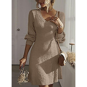 Dokotoo Womens Sweater Dress Spring Dresses for Women 2025 Business Casual Outfits Work Dress Trendy Casual Long Sleeve Dresses V Neck Knit Ribbed A Line Sweater Mini Dress Trendy Brown Dress M