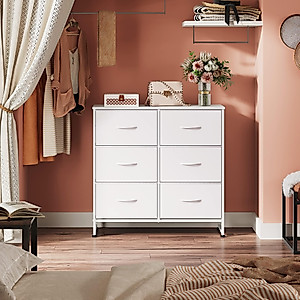 WLIVE Fabric Dresser for Bedroom, 6 Drawer Double Dresser, Storage Tower with Fabric Bins, Chest of Drawers for Closet, Living Room, Hallway, White