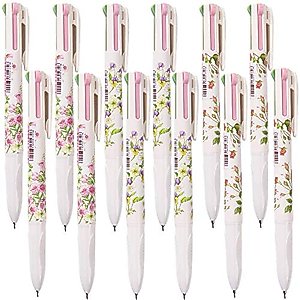 Shulaner Multi Colored Ballpoint Pens 0.5mm 4 Color Ink in One Ballpoint Pen Pure and Fresh Flower Pens Pack of 12