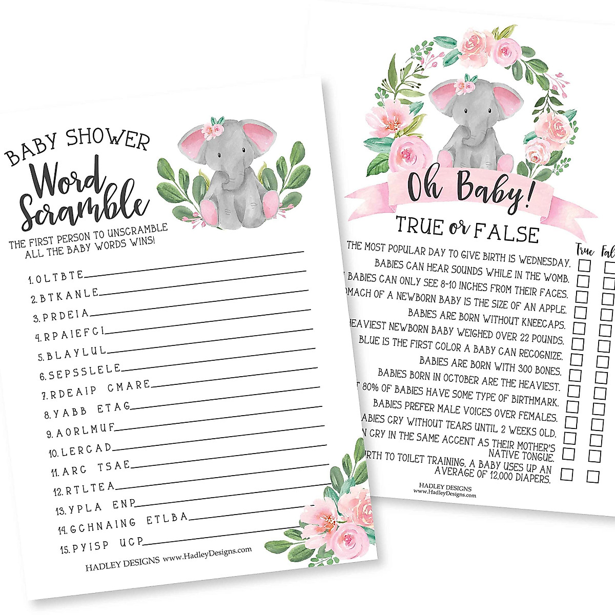 25 Elephant Word Scramble For Baby Shower, 25 True Or False Game, 25 Baby Animal Matching, 25 Nursery Rhyme Game - 4 Double Sided Cards Baby Shower Ideas, Baby Shower Party Supplies