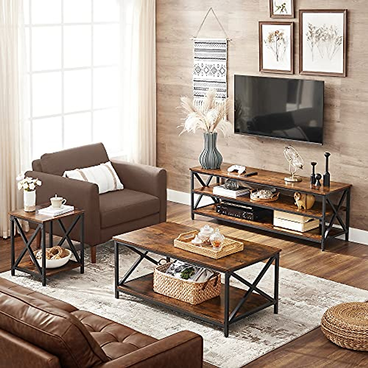 VASAGLE Coffee Table, Cocktail Table with Storage Shelf and X-Shape Steel Frame, Industrial Farmhouse Style, 39.4 x 21.7 x 17.7 Inches, Rustic Brown and Black ULCT200B01V1