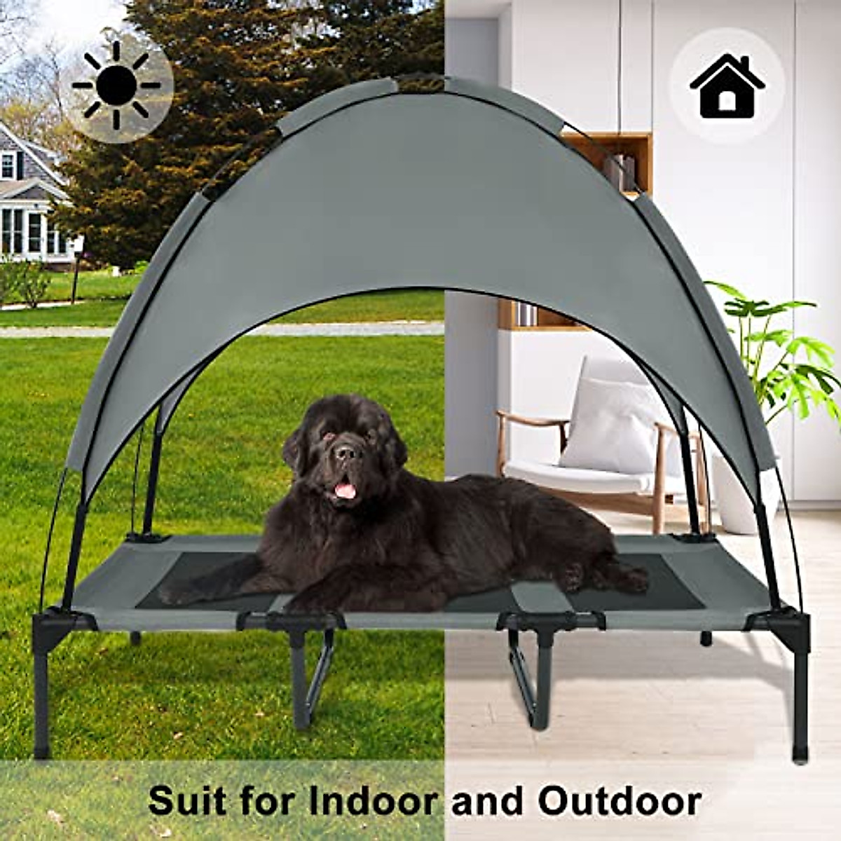 Outdoor Elevated Dog Bed with Removable Canopy, 48" XLarge Cooling Raised Pet Cot for Outdoor Camping, Waterproof Canopy, Durable Oxford Fabric, Portable Pet Bed (Large Gray)