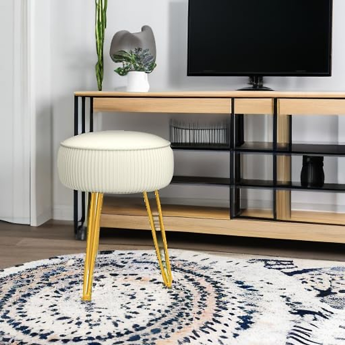 LUE BONA Pleated Vanity Stool, Velvet Upholstered Vanity Stool for Makeup Room, Round Mondern Stool for Vanity, Ottoman Footrest Stool with Metal Legs for Living Room, Bedroom, Beige