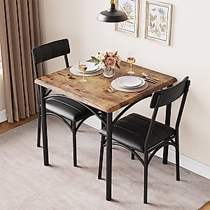 IDEALHOUSE 3 Piece Kitchen Table Set, Dining Table and Chairs for 2, Metal and Wood Square Dining Room Table Set with 2 Upholstered Chairs, Kitchen Table Set for Small Spaces, Apartment, Rustic