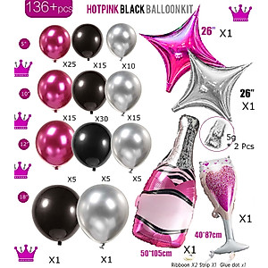 Chrome Hot Pink Black silver Balloon garland kit 126Ppcs with champagne glass and large star balloons for women 21/30th Birthday Mother's Day anniversary 2024 graduations Prom Party Decorations