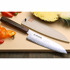Yoshihiro VG-10 46 Layers Hammered Damascus Santoku Japanese Multipurpose Chef Knife (Rosewood Handle) (Rosewood Handle)