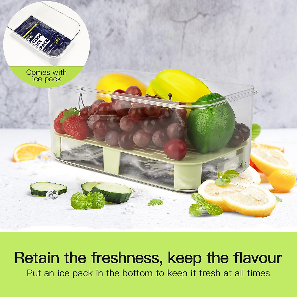 Fruit Storage Berry Keeper Container with Lid and Handle, Portable Food Storage Saver Containers with Ice Pack, for Picnic, Office, Refrigerator, Fridge, Keep Fruit, Vegetable, Meat Fresh (Green)