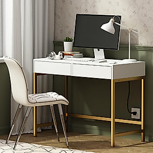 Treocho Computer Desk with USB Charging Ports and Power Outlets, Modern Simple 40 inch Vanity Desk with 2 Drawers, Makeup Table for Home Office, Bedroom, White and Gold