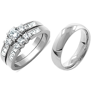 His Hers Couple Rings Set Womens Stainless Steel Small Round CZ Engagement Ring set Mens Wedding Band - Size W7M11