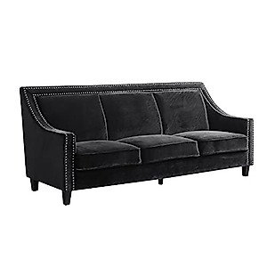 Iconic Home Camren Sofa Velvet Upholstered Swoop Arm Silver Nailhead Trim Espresso Finished Wood Legs Couch Modern Contemporary, Black