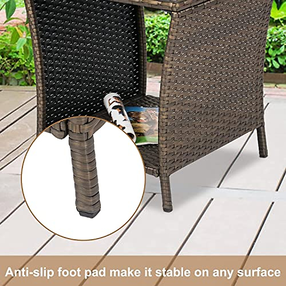J-SUN-7 Patio Square Wicker Side Table - Set of 2 Outdoor Tempered Glass Top End Table with Storage for Patio Courtyard Balcony (Brown)