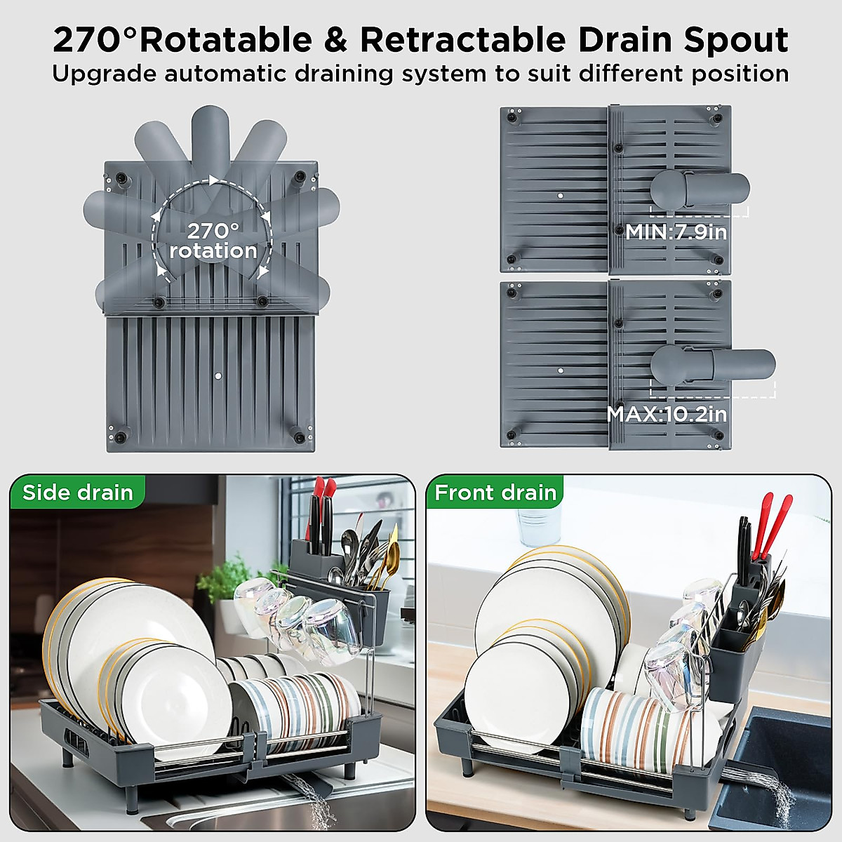Ollieroo Dish Drying Rack, Rustproof Dish Racks for Kitchen Counter with Removable Utensil Holder,Knife Slots and Cups Holder,Large Capacity Drying Rack for Storage Plates Bowls Cups Utensil(Grey)