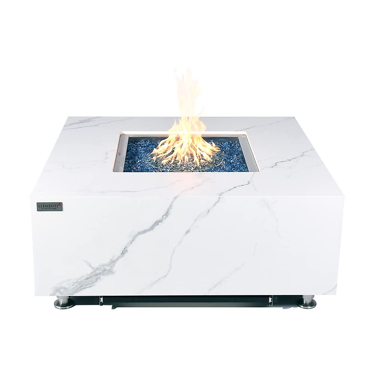 Bianco Marble Fire Pit 39.4" x 39.4" Outdoor Patio Firepit Includes Fire Glass Modern Fire Pits & Outdoor Fireplaces for Garden, Deck, Indoor & Outdoor Heating