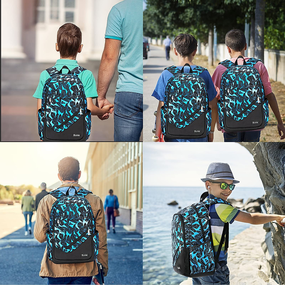 bunie Boys Backpack for School Large Bookbag Waterproof Schoolbag Pencil Case Sling Bag Set for Middle High Casual Daypack (Blue)