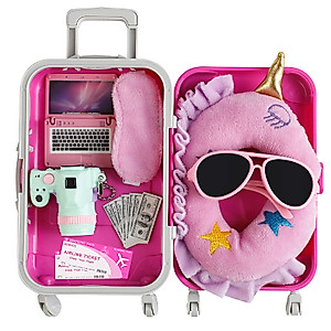 COSYOO 17 PCS Doll Travel Set Suitcase American Doll Accessories for Girl 18 Inch Including Suitcase Luggage A Set of Clothes Slippers Sunglasses Camera Laptop Unicorn Pillow Blindfold