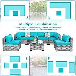 Shintenchi 7 Pieces Outdoor Patio Sectional Sofa Couch, Silver Gray PE Wicker Furniture Conversation Sets with Washable Cushions & Glass Coffee Table for Garden, Poolside, Backyard (Sky Blue)