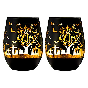 The Wine Savant Crystal Stemless Spooky Wine Glasses - Set of 2 - Themed Vibrant Black & Gold Spooky Ghost Pattern Frosted Glass, Themed Gothic Parties, Graveyard Black Gifts (16 OZ)