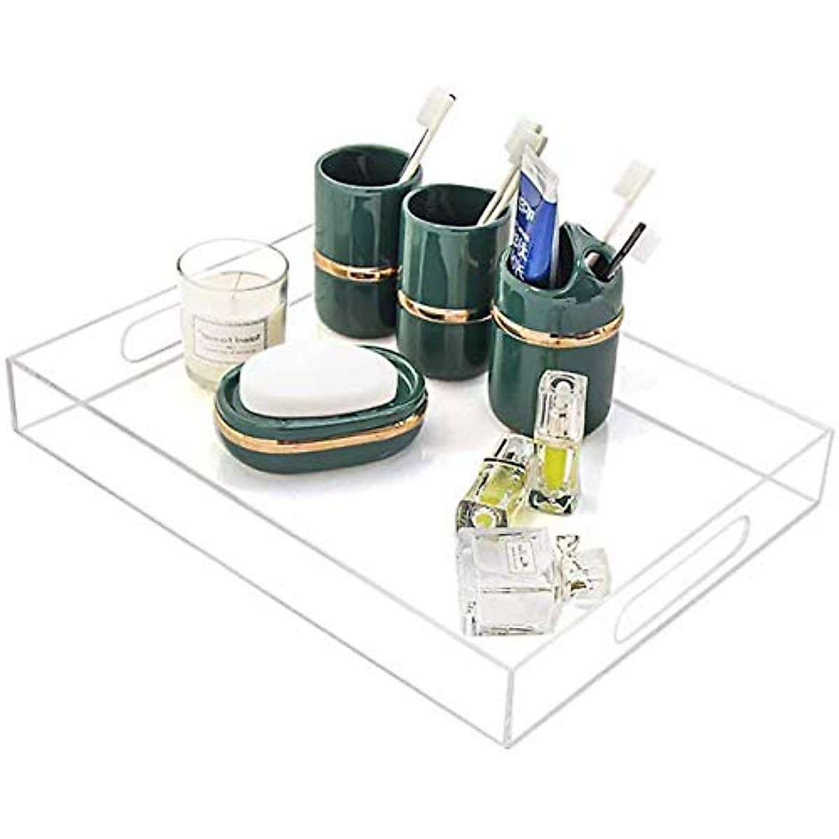 Durable Acrylic Tray Breakfast Serving Tray - 5MM Thick Big Rectangular Waterproof Acrylic Serving Platter with Handles for Coffee, Tea, Food -Elegant Acrylic Decorative Tray (Clear Tray-16''x12'')