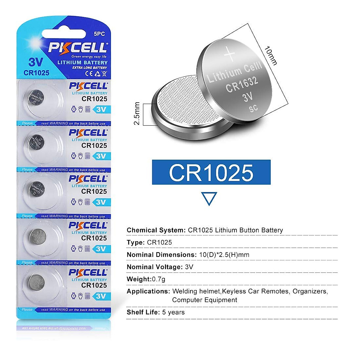 PCELL Cr1025 Br1025 10255 3V Lithium Batteries 25Pcs 5 Cards