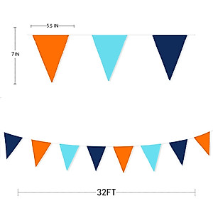 10M/32Ft Navy Blue Orange Pennant Banner Fabric Triangle Flag Cotton Bunting Garland for Outer Space Galaxy Birthday Anniversary Party Home Nursery Outdoor Garden Hanging Festivals Decoration (36Pcs)