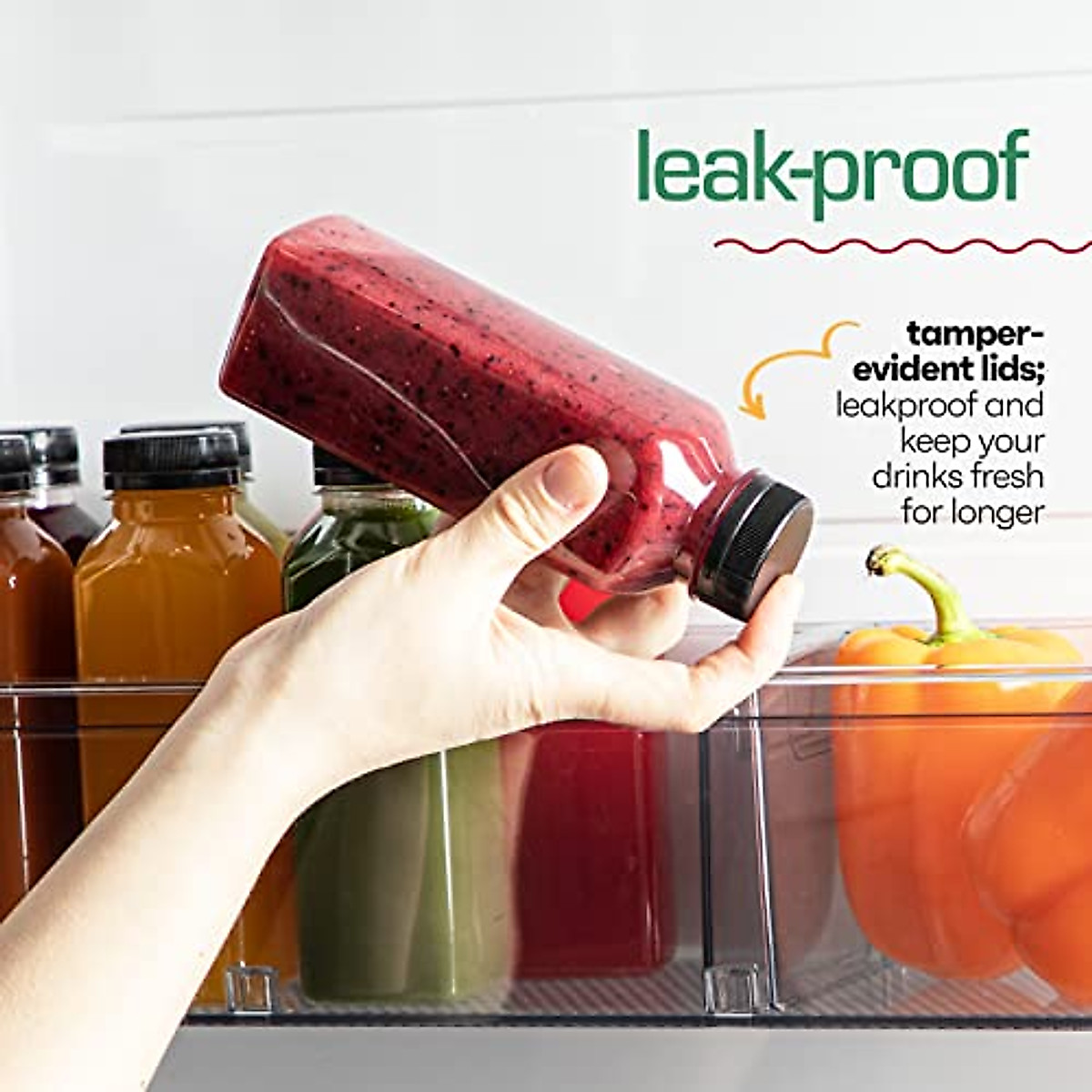 DECADORN 12oz Plastic Juice Bottles For Juicing - 20 Pack Plastic Bottles With Caps - MADE IN USA Juicing Bottles Reusable With Lids - Juicer Bottles With Tamper Evident Caps