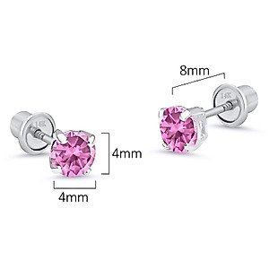 14k White Gold 4mm Basket Pink Round Cubic Zirconia Children Screw Back Baby Girls Earrings
