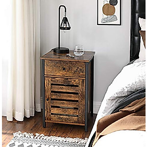 VASAGLE Nightstand, Side Table with Drawer, Shutter Door, End Table with Adjustable Shelf, Metal Frame, Industrial Style, Rustic Brown and Black ULET063B01