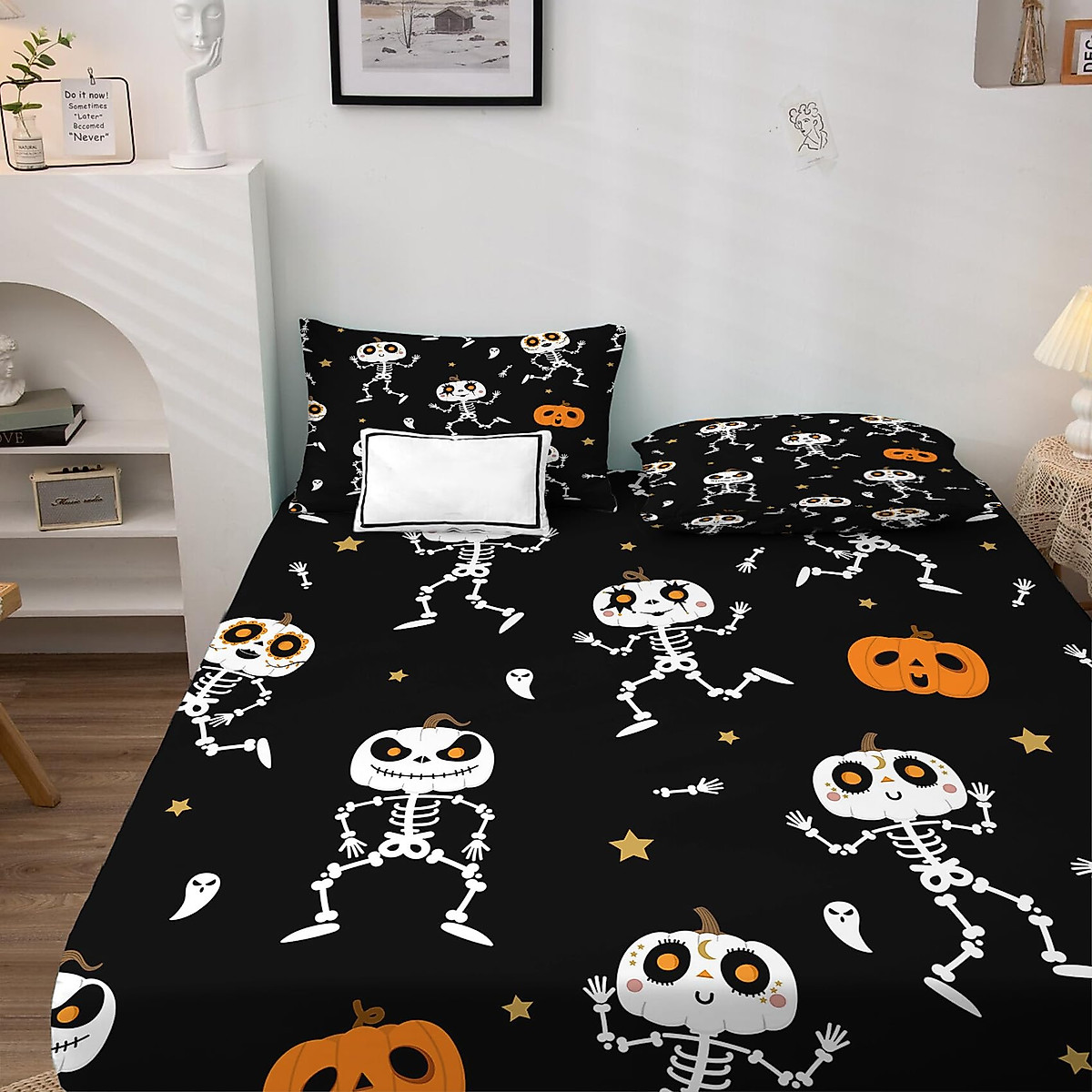 Halloween Sheets Full Size, Pumpkin Skeleton Bed Sheets, Patterned Bedding Sheets & Pillowcases 4 Piece Set - Soft Microfiber Deep Pocket Fitted Sheet & Flat Sheet & 2 Pillow Cases Z1-&-90