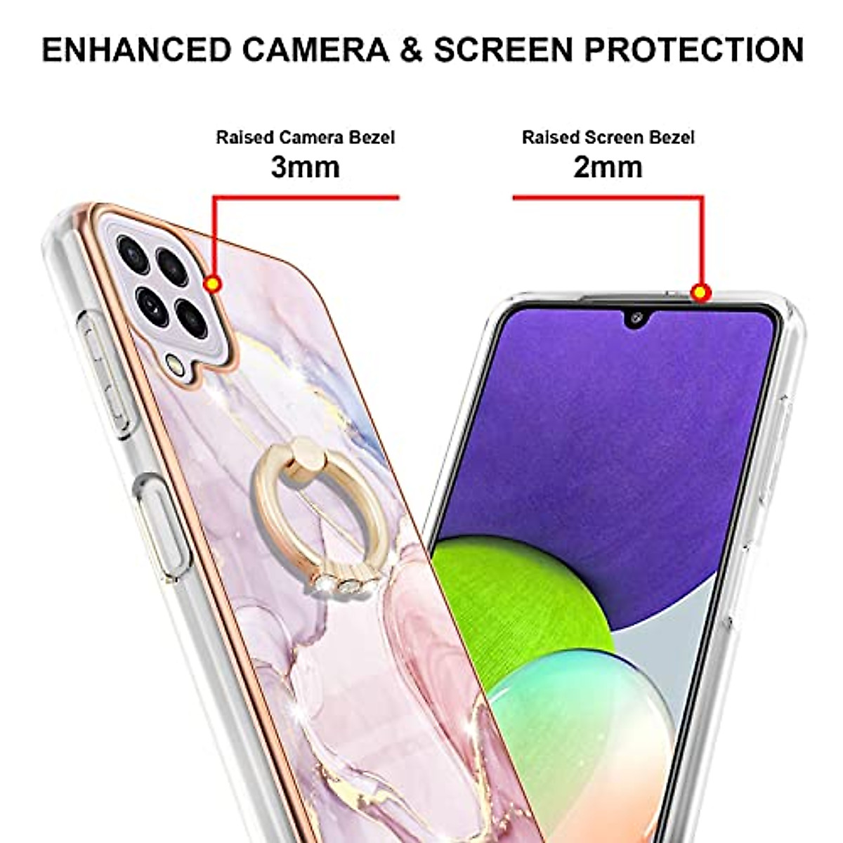 Dinglijia for Samsung Galaxy A22 4G Case, Soft TPU + IMD Marble Pattern Shiny Ring Kickstand Case for Girls and Women, Camera and Screen Protection Case for Samsung Galaxy A22 4G BKZH Rose Gold