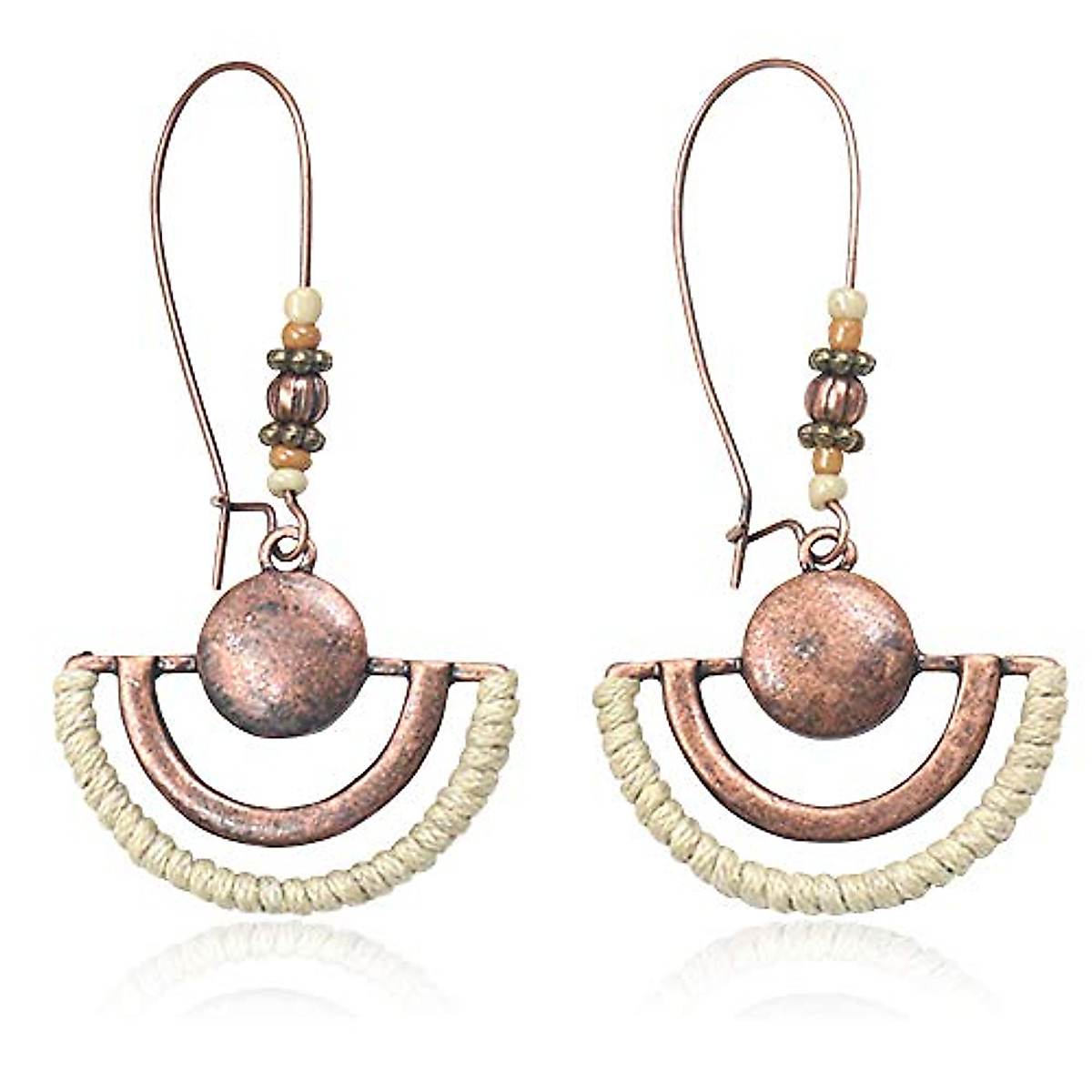 Lightweight Handmade Weave Boho Bohemian Fan Shape Earrings for Women Geometric Dangle Drop Hollow Half Round African Tribal Ethnic Jewelry (Copper)