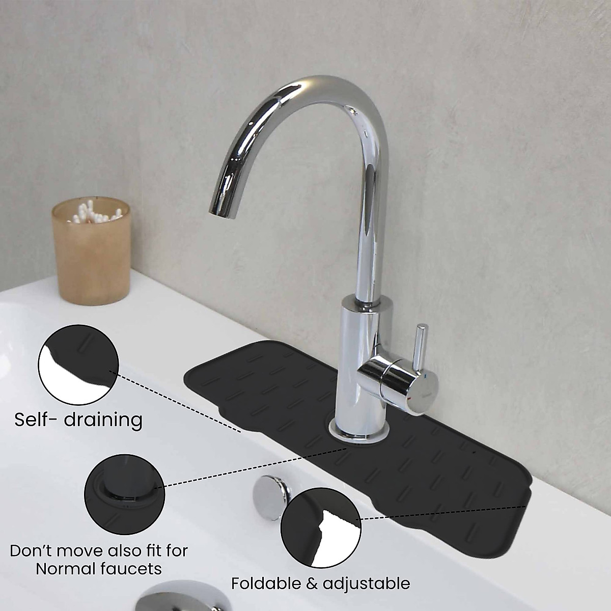 Kitchen Sink Splash Guard, Silicone Faucet Handle Drip Catcher Tray Mat Drains Water & Keeps The Countertop Dry | Behind Faucet Sink Protectors, Drying Mats for Home & Bathroom (Black, 1 Pack)