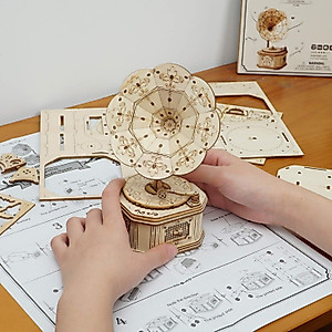Rolife 3D Wooden Puzzles Gramophone for Kids, 3D Wooden Model Gramophone Building Kits for Adults, Brain Terser Assembly Models, Best Toy Gifts for Adults & Kids to Build Gifts for Birthday