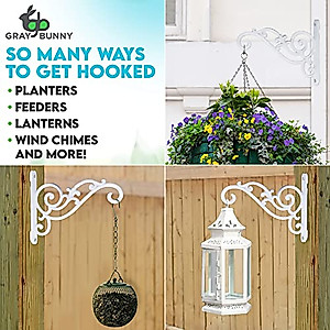 Gray Bunny Outdoor Plant Hanger Hook, 8” Large Victorian Heavy Duty Iron Wall Hooks for Bird Feeders, Lanterns, Wind Chimes, Patio Decor - White