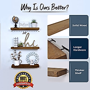 TIN ROOF DESIGNS Floating Shelf Set (Set of 3, 24" x 6" Shelves, Walnut), Rustic Farmhouse Shelving, Thick Hardwood Shelves