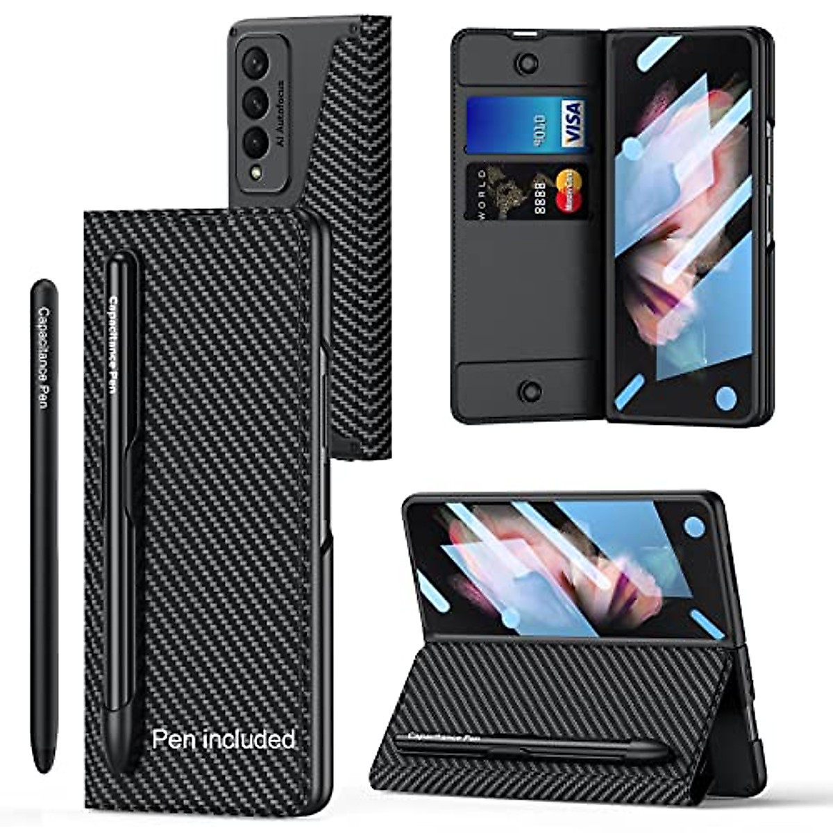 Libeagle Compatible with Samsung Galaxy Z Fold 3 Wallet Case with Capacitance Pen and Detachable S Pen Holder [2 Card Holder][Hinge Protection][Wireless Charging] Leather Cover 5G 2021-Carbon Fiber
