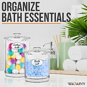 Premium Clear Acrylic Apothecary Jars with Lids for Bathroom & Laundry Room - Multipurpose Bathroom Canisters with Scoops & Labels - Laundry Containers for Pods & Dryer Sheets - Assorted 4 Pack