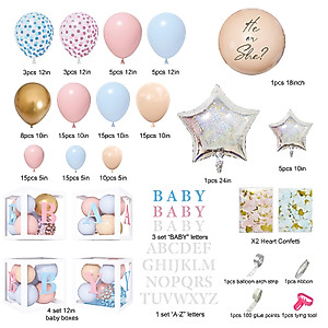 Amandir 164PCS Gender Reveal Baby Boxes Balloon Decorations, Gender Reveal Balloon Garland Kit 4pcs Baby Boxes with Letters (A-Z+Baby) for Baby Shower Birthday He or She Gender Reveal Party Supplies