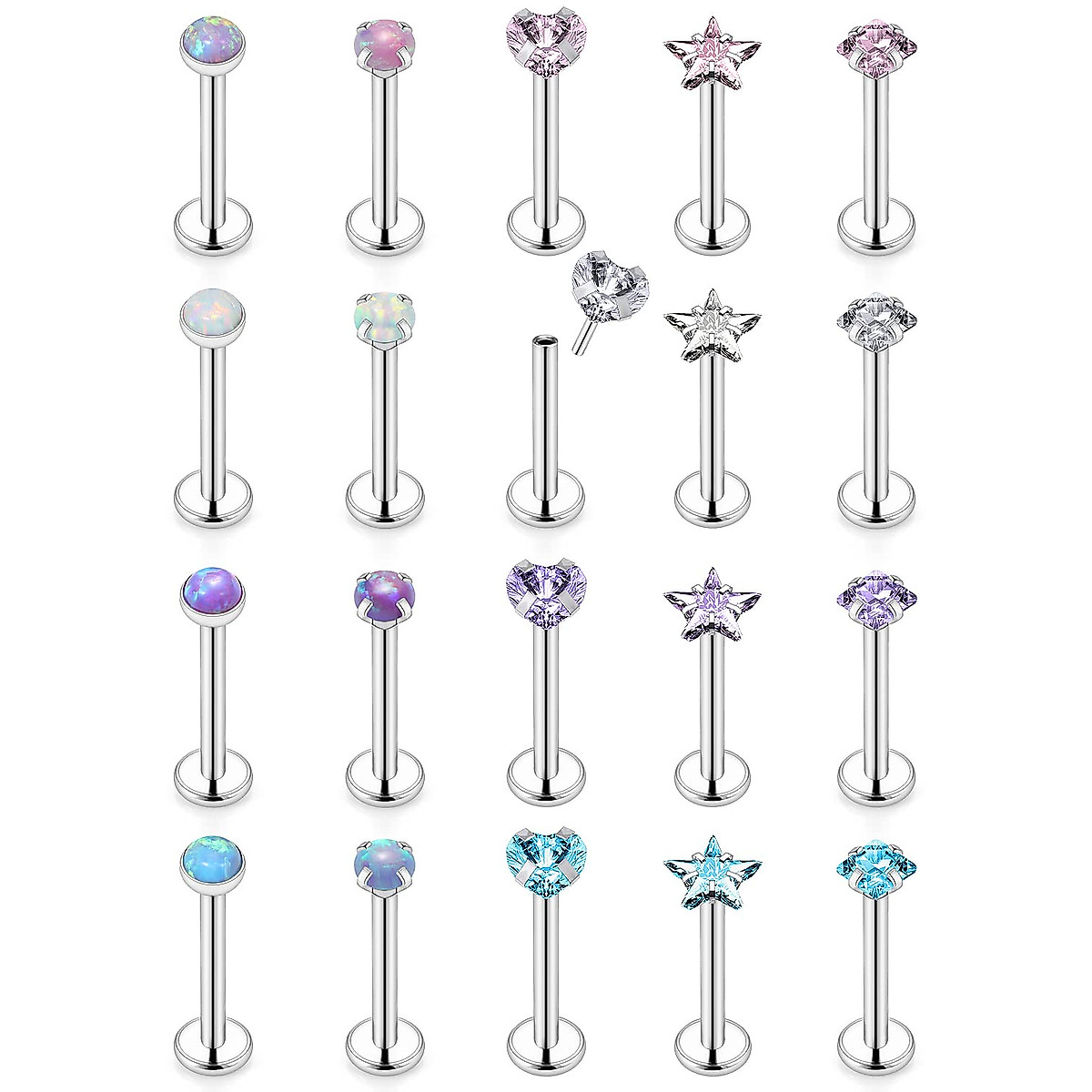 16G Threadless Push in Lip Rings Stainless Steel Labret Jewelry Monroe Lip Rings Nail Cartilage Tragus Helix Earrings Studs Nose Ring Medusa Piercing Jewelry For Women Men 3MM CZ Opal 6MM Length