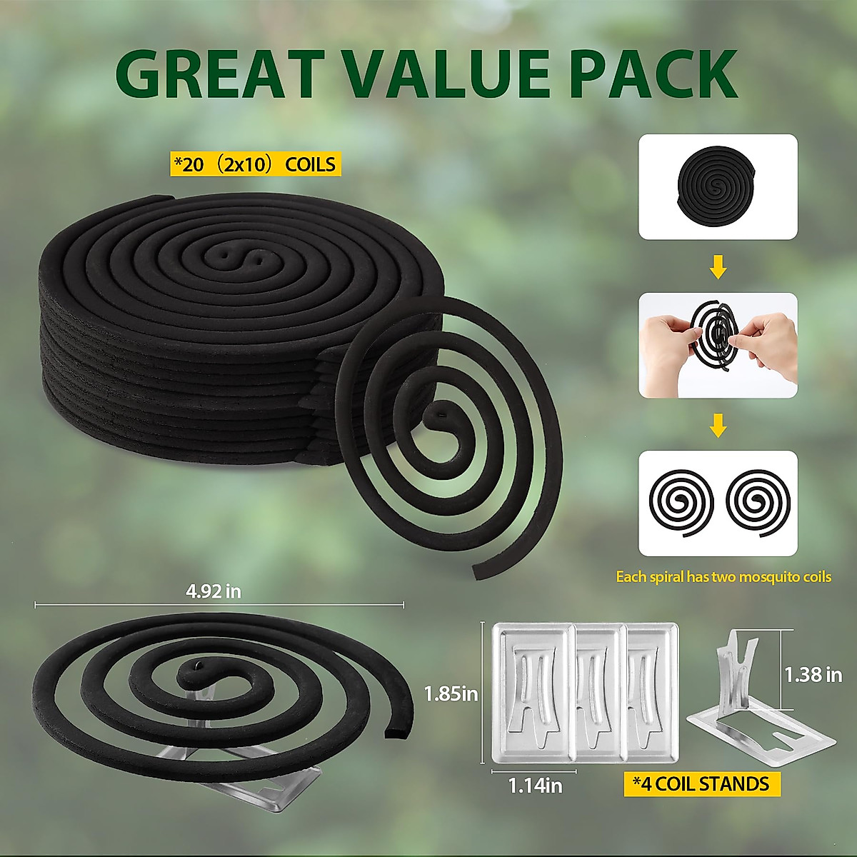 KICKOUTOR Mosquito Repellent Outdoor Patio 20 PCS Natural Citronella Mosquito Coils Incense Deet Free Mosquito Killer with 4 Stands for Camping Backyard Room 5-7 Hours Gnat Mosquito Control
