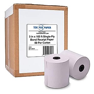 TEK POS - 1-Ply - Kitchen Printer Bond Receipt Paper - 3" x 165’ - White - 50 Rolls - USA Made