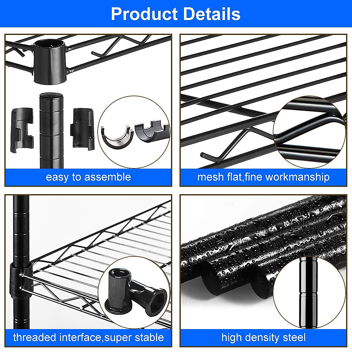 Storage Metal Shelf 5 Tier Wire Shelving Unit Standing Shelf Units Heavy Duty Garage Shelving with Feet Levelers 1250Lbs Capacity Adjustable Commercial Shelving Kitchen Rack, Black