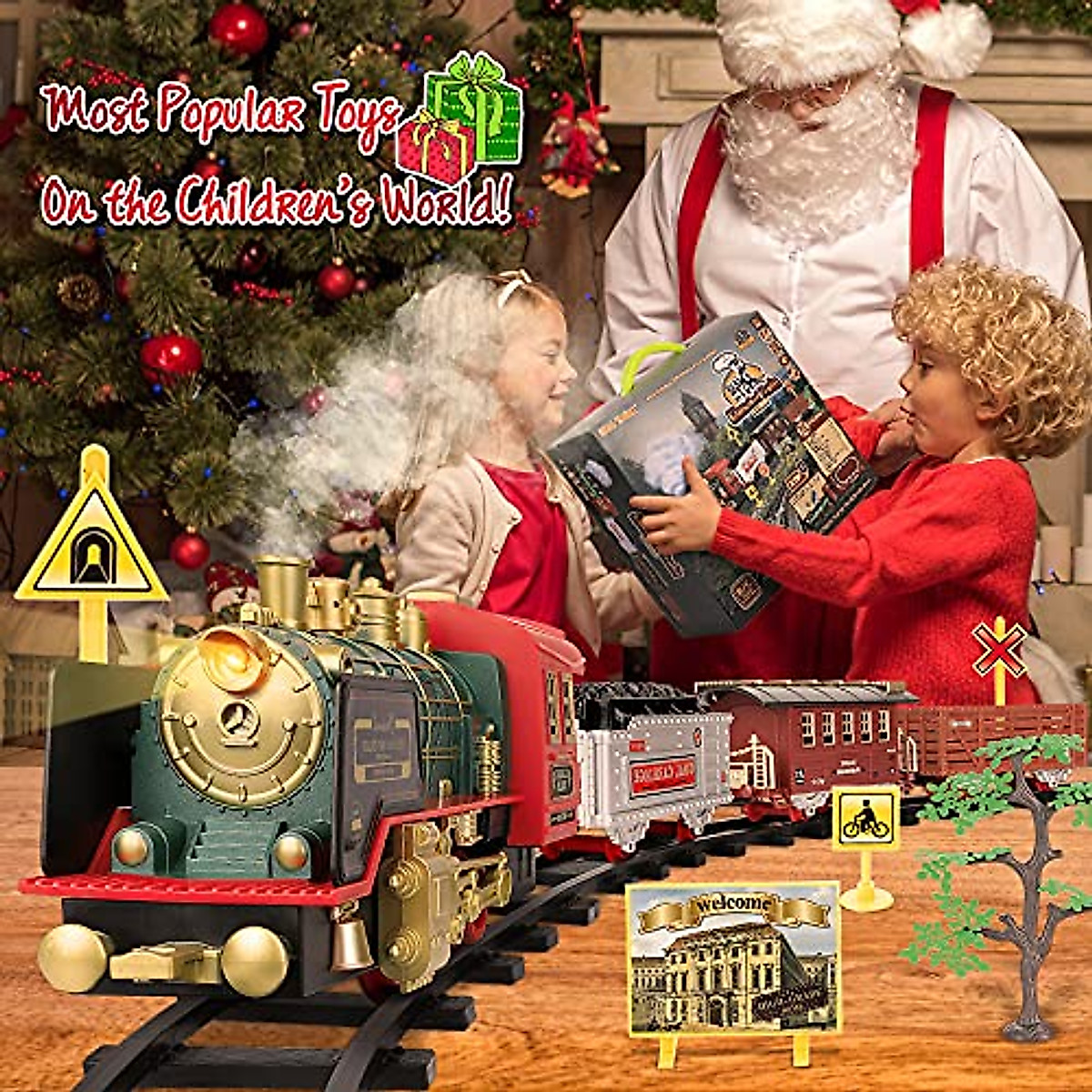 Mini Tudou Christmas Electric Train Set w/Steam, Sound & Light, Remote Control Train Toys w/Steam Locomotive Engine, Cargo Cars & Tracks, Toy Train w/Rechargeable Battery for Kids Boys 3+ Year Old