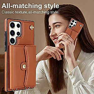 XIMAND for Samsung Galaxy S23 Ultra Phone Case with Adjustable Crossbody Lanyard and Hand Strap, Shockproof Wallet for S23 Ultra,Great Gift for Women Ladys Grils Brown